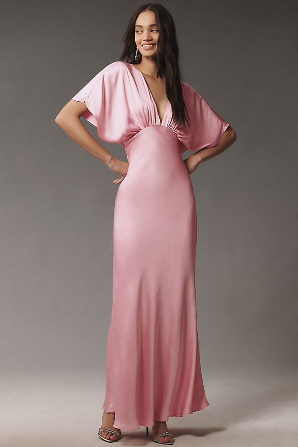 BHLDN Amelia Deep-V Flutter-Sleeve Satin A-Line Gown